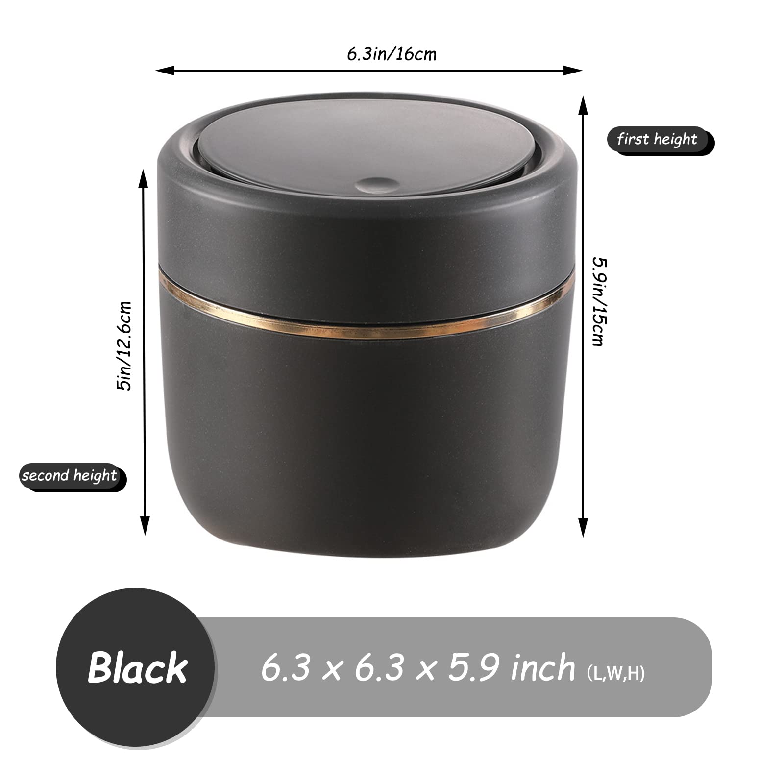 YISTOS Mini Trash Can with Lid, Black, Press-Top, Polypropylene, Desktop, Office, Vanity, Coffee Table