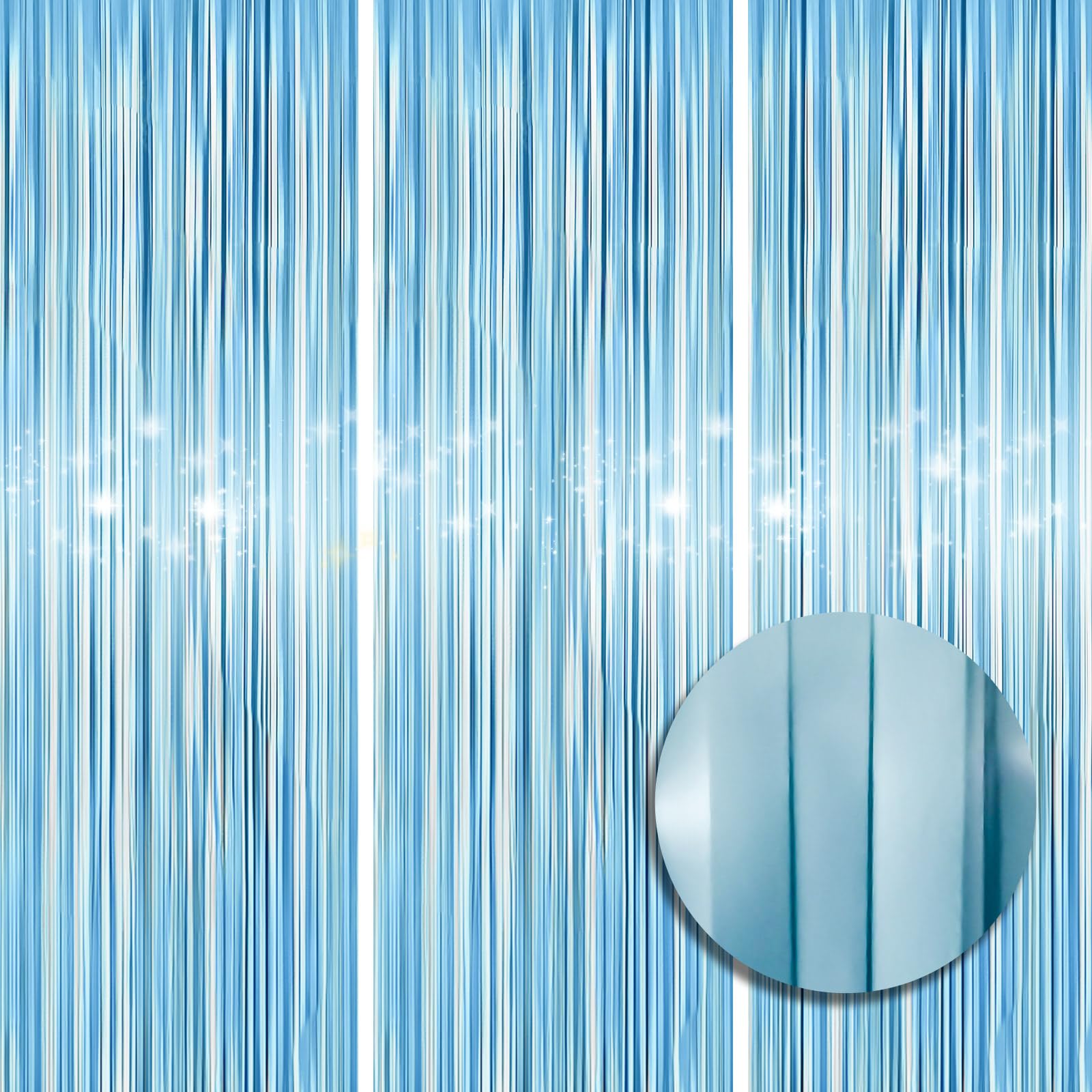 3 Pack Foil Curtains Metallic Foil Fringe Curtain-JVIGUE，Birthday Party Photo Backdrop Wedding Event Decor (Pale Blue Decorative Streamers)