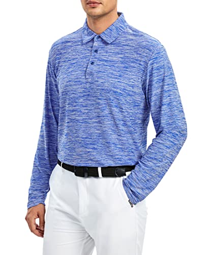 Alex Vando Mens Golf Shirt Moisture Wicking Quick-Dry Long Sleeve Casual Polo Shirts for Men,Blue,L
