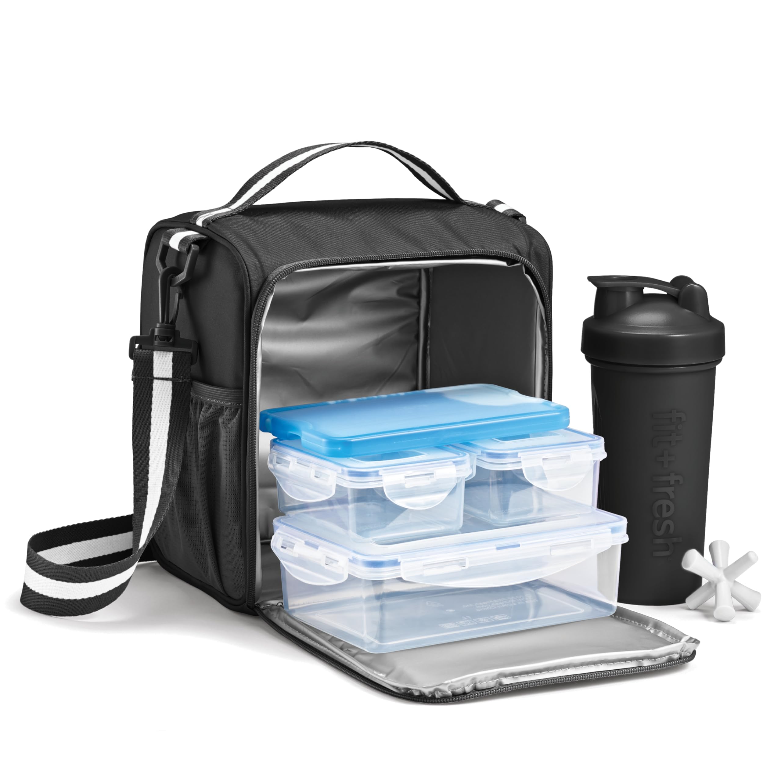 Fit & Fresh BREE FitPak Meal Prep Lunch Box With Containers, Ice Pack, and Shaker Bottle For Men and Women, 6pc. Meal Prep Kit Lunch Bag With Containers Included, Black