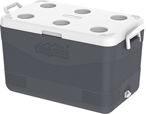 Duramax Picnic Icebox 60L High Performance Cool Box with PU Insulation, Side Handles with Secure lid Locking & Cup Holders on lid, Icebox, Cooler Box, Cool Grey