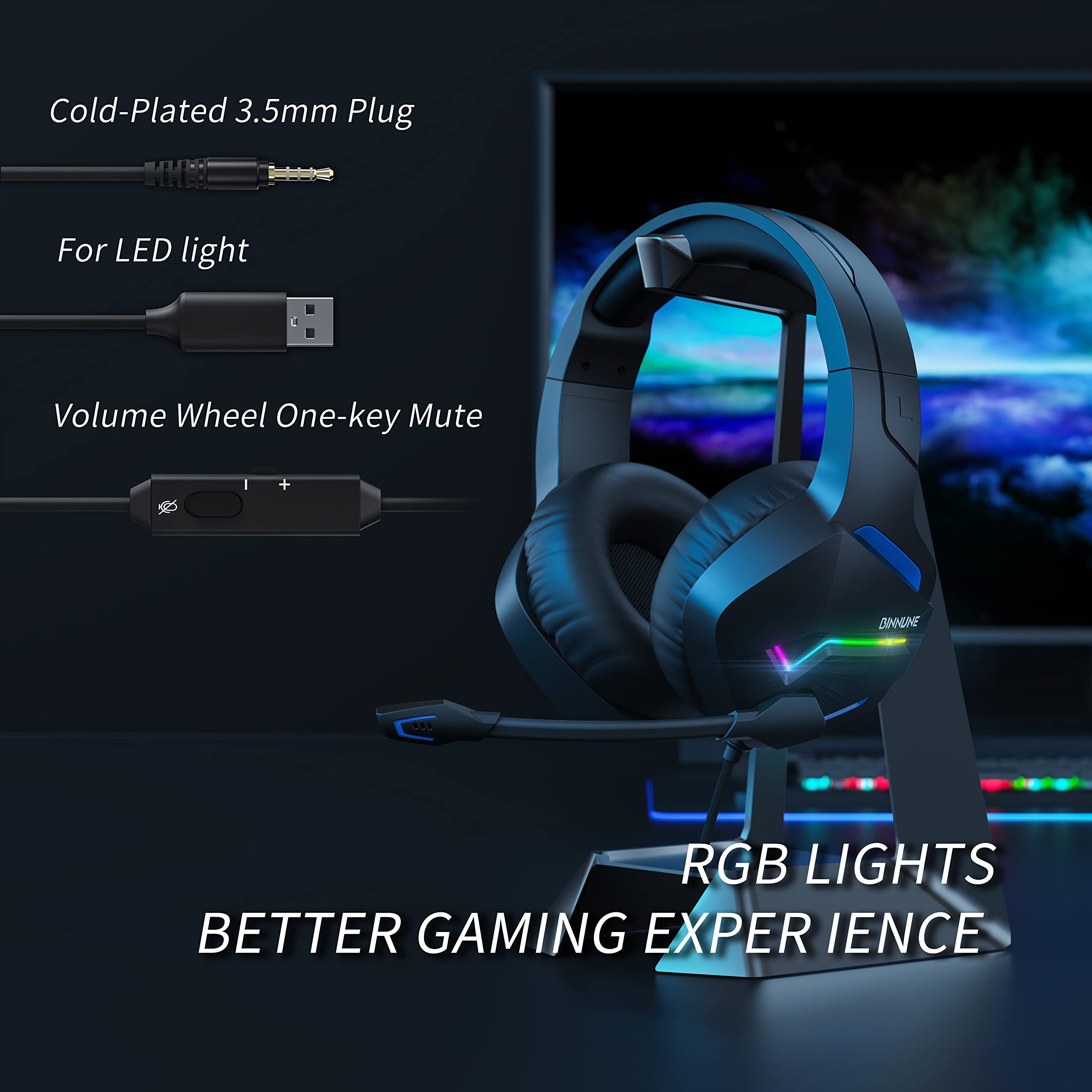 BINNUNE Gaming Headset with Microphone for PS4 PS5 Xbox One PC PlayStation 4 Xbox 1 Game Audifonos Gamer Headphones with Mic (3.5MM)