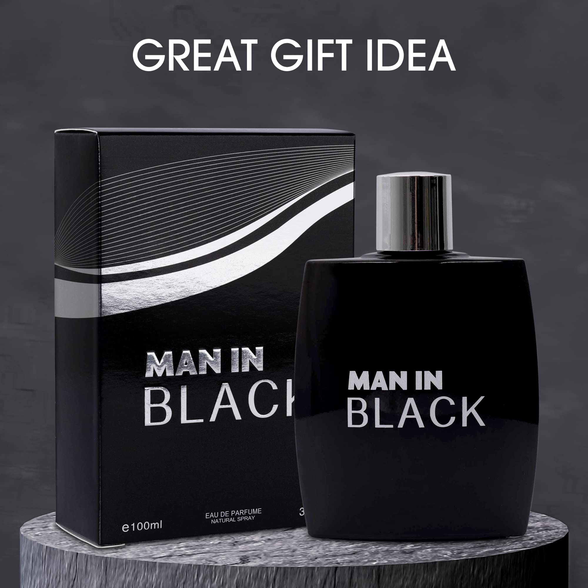 NovoGlow Man in Black for Men - Luxurious Aroma in Each 3.4 fl Oz Black Glass Bottle - Top Notes of Bergamot and Pineapple Formulated with Essential Oils - Fantastic Gift Choice - Grey Suede Pouch