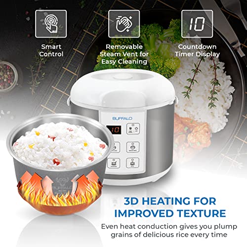 Buffalo Classic Rice Cooker with Clad Stainless Steel Inner Pot (10 cups) - Electric Rice Cooker for White/Brown Rice, Grain - Easy-to-clean, Non-Toxic & Non-Stick, Auto Warmer