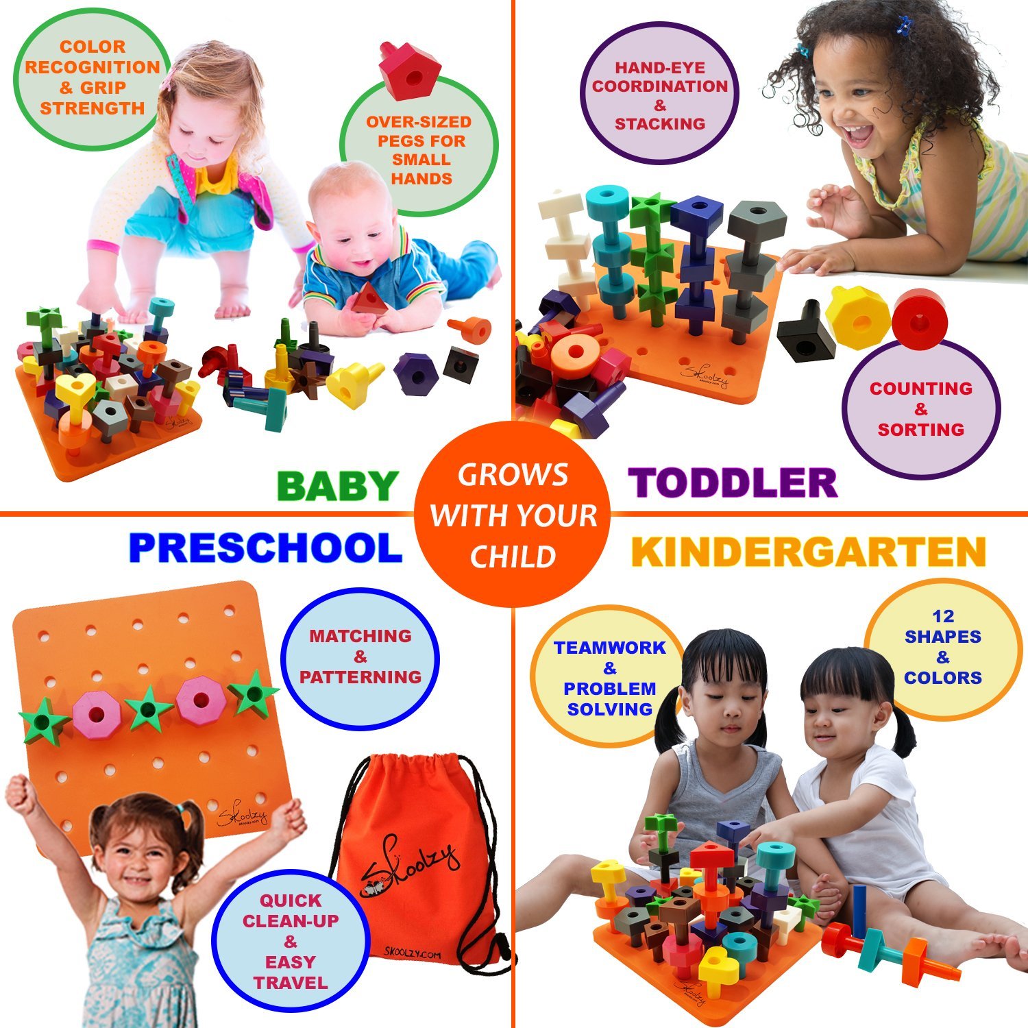 Skoolzy Peg Board Toddler Stacking Toys - Wiggly Fidget Toys