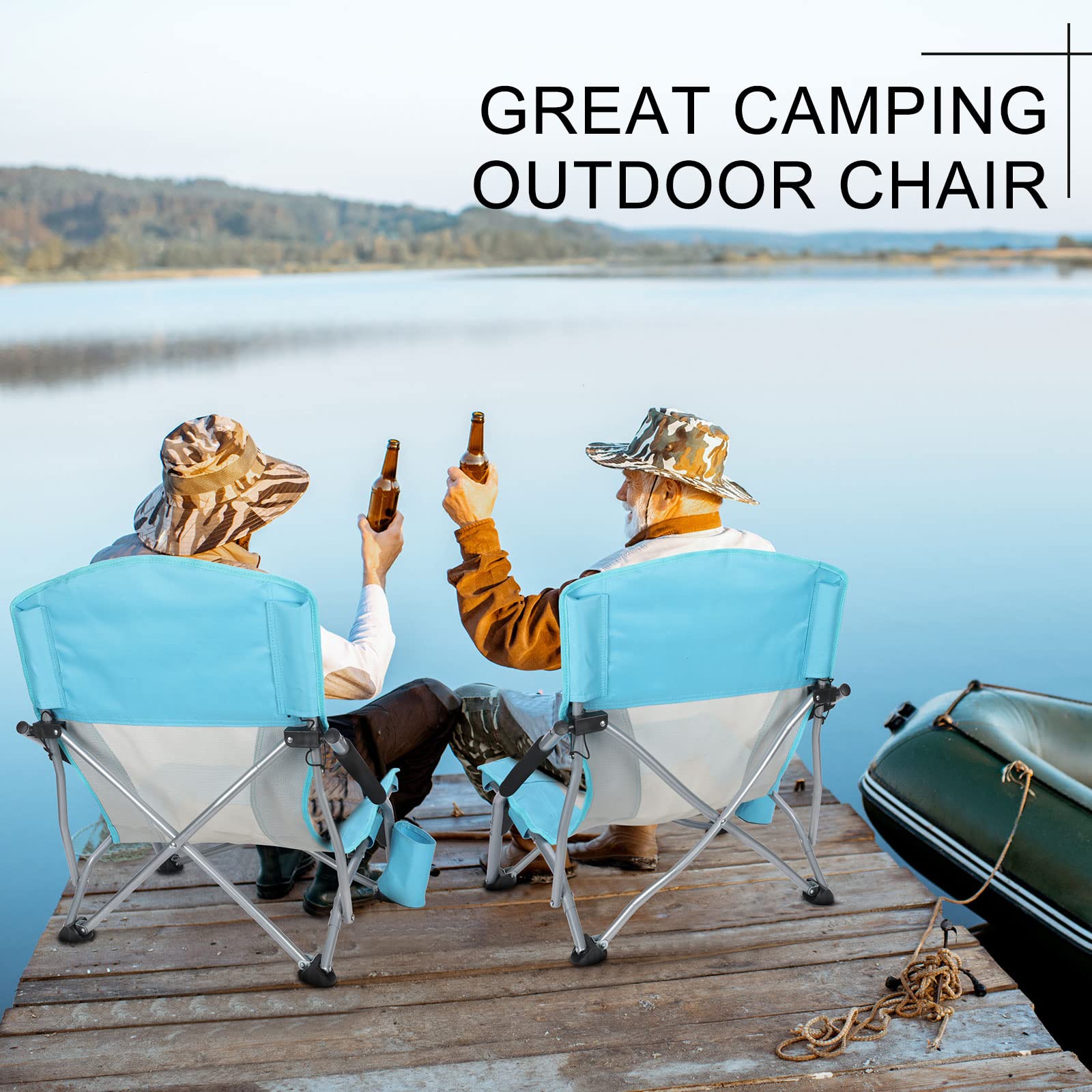4 Pcs Beach Chairs for Adults Folding Beach Chairs Low Seat Camping Stool Mesh Back Beach Portable Chair with Cup Holder Carry Bag for Outdoor Lawn Picnic Beach Camping (Blue)