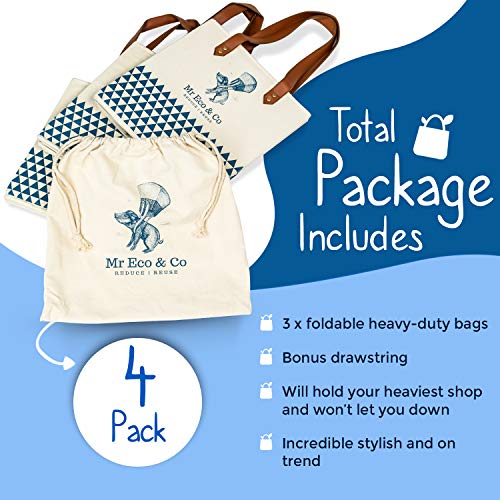 Mr Eco&Co Reusable Grocery Bags Heavy Duty - 4 Pack of Washable, Reusable Shopping Bags Made From Strong, Sturdy Leather Handles and 100% Cotton Canvas, Perfect for Shops, Markets or Storage
