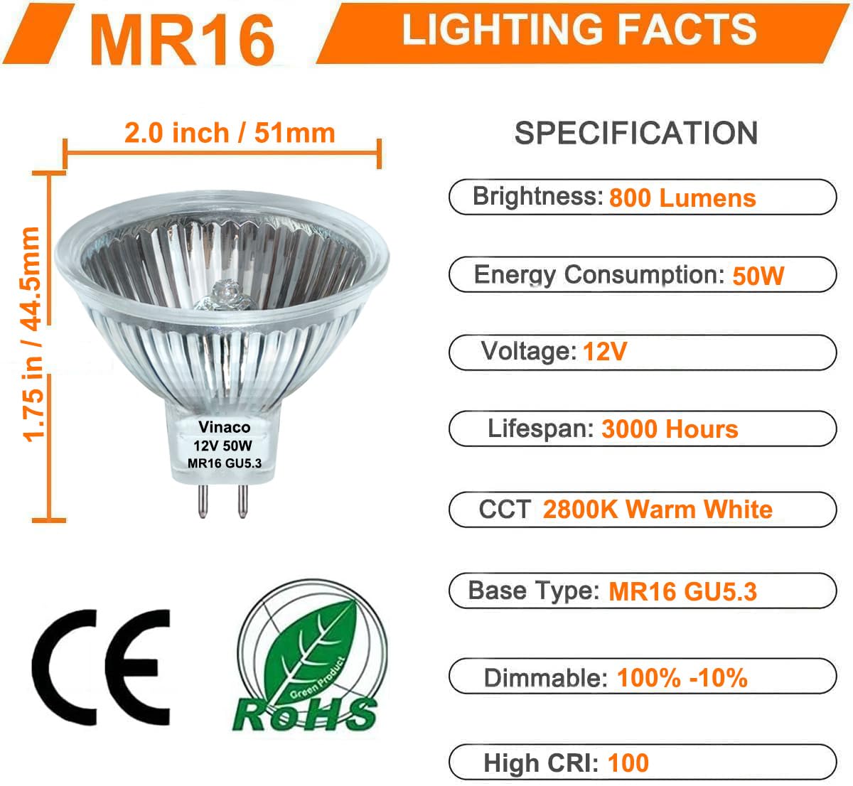 Vinaco MR16 Halogen Bulb 50W 12V, 6 Pack MR16 Bulb Dimmable, Long Lasting MR16 GU5.3 50W Bulb, 2800K MR16 Warm White with GU5.3 Base, Halogen MR16 50W for Landscape, Track Lights, and Fiber Optics