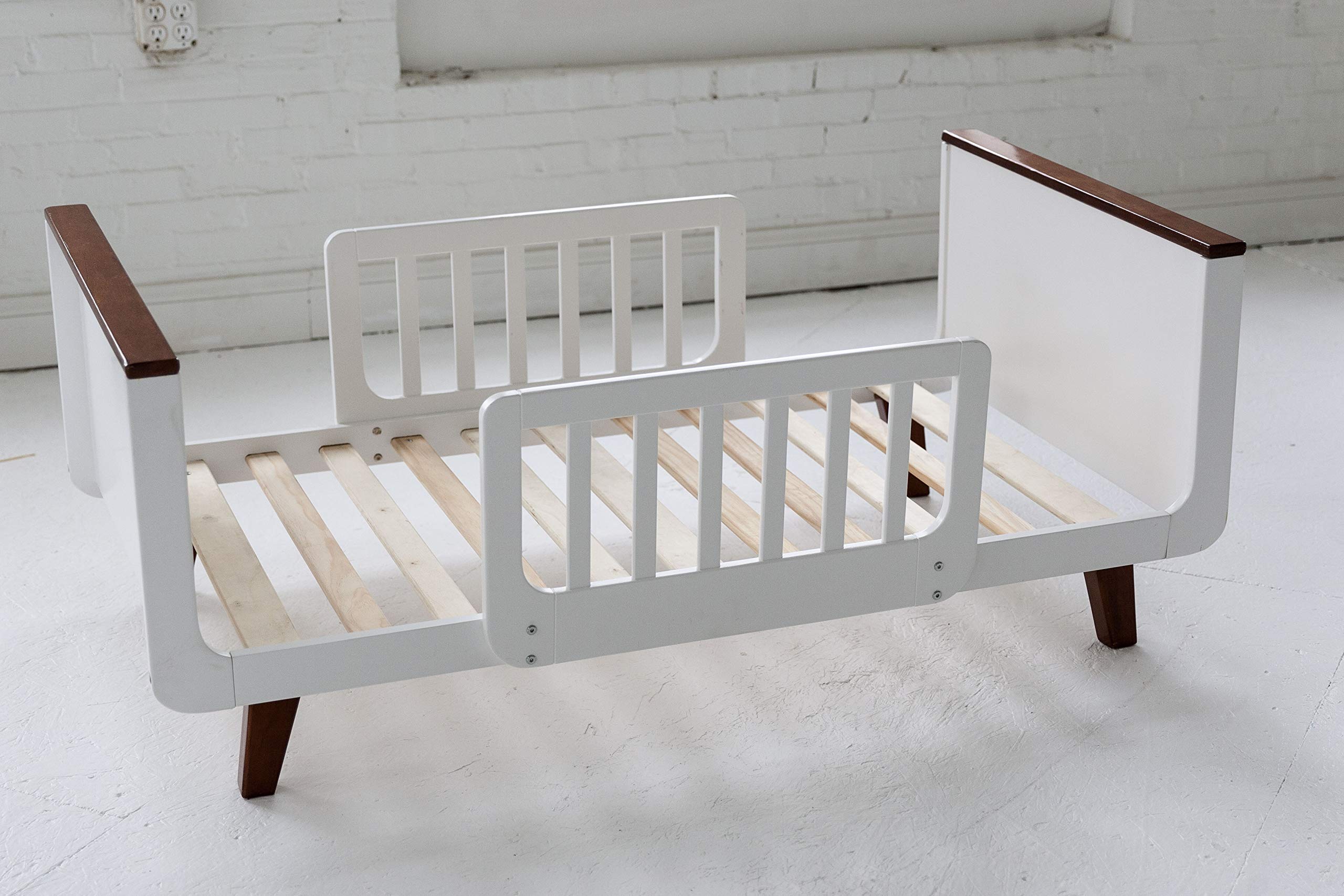 Little Partners MOD Kids Bed - Solid Wood Classic Design Transitional Toddler Bed with Rails for Children's Bedroom with Two Safety Guards, Low-to-Ground Profile (White/Espresso)