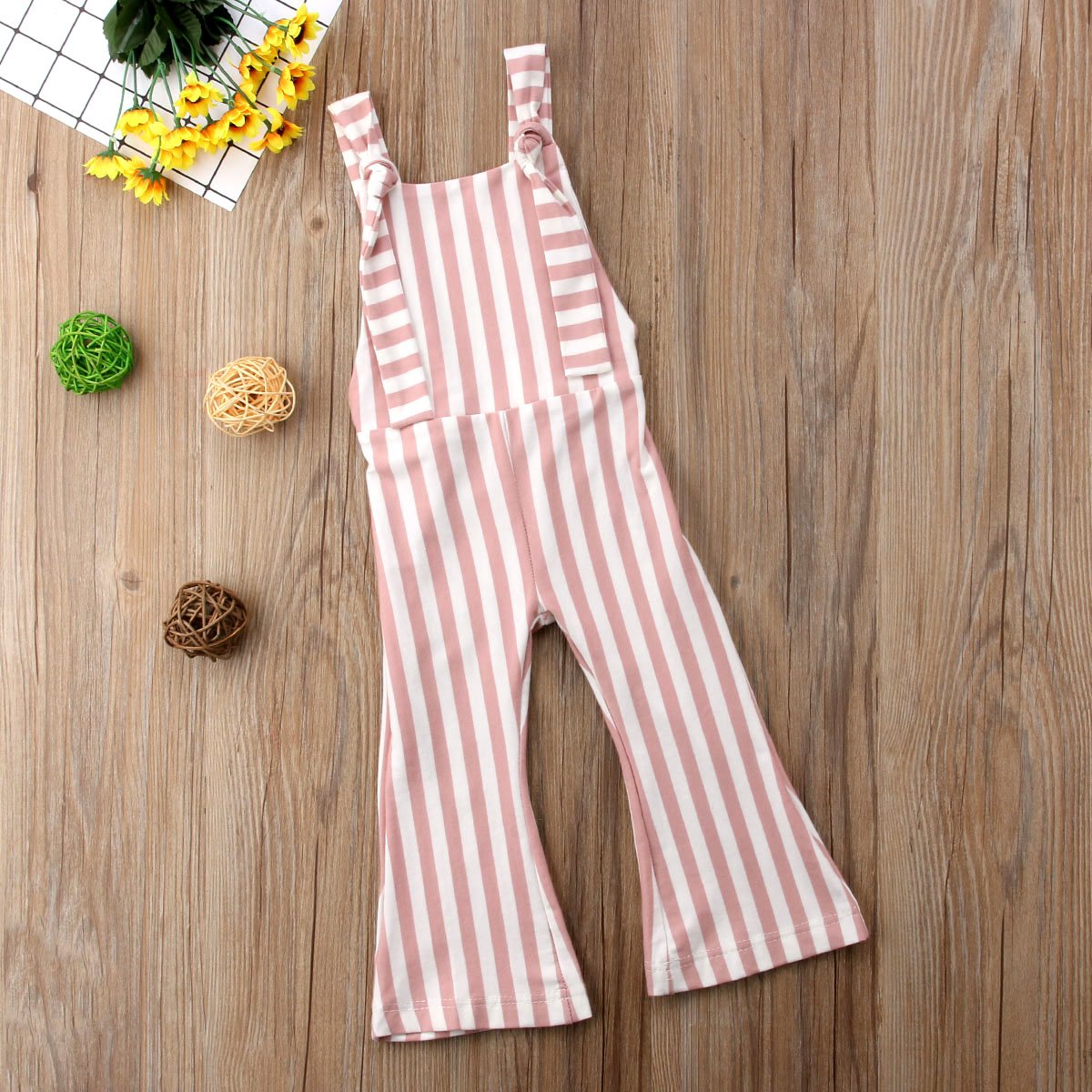 ZAXARRA Toddler Baby Girl Stripes Bell-Bottom Jumpsuit Romper Overalls Long Pants Outfits (1-2 Years, Brown Pink)