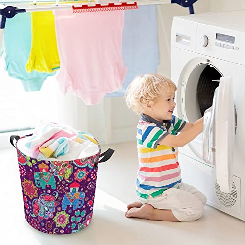 Colorful Flower Elephant Waterproof Laundry Baskets Bohemia Collapsible Laundry Hamper with Handles Large Round Toy Bin for Dirty Clothes,Kids Toys,Bedroom,Bathroom