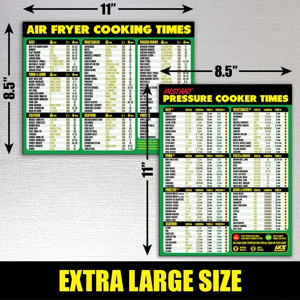 Air Fryer Cooking Times and Instant Pot Magnetic Cheat Sheet Combination Bundle - Extra Large Easy to Read 11β x 8.5β Reference Guides for Air Frying and Instant Pot Pressure Cooking