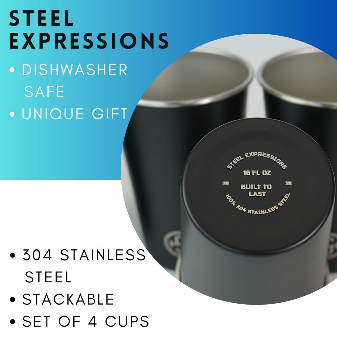 Shark Skinzz Steel Expressions Pint Cup, 16 oz Stainless Steel Cups, Stackable & Durable Drinking Cups for Camping, Reusable & Dishwasher Safe Tumblers, Set of 4 Black Cups