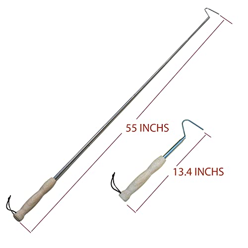 BOVONVON 55 inchs Collapsible Snake Hook,Non-Rotatable,Telescopic Rods Designed with 2 Grooves,Sturdy Stainless Steel Hook,Snake Tool Hook,Bigger Wooden Handle