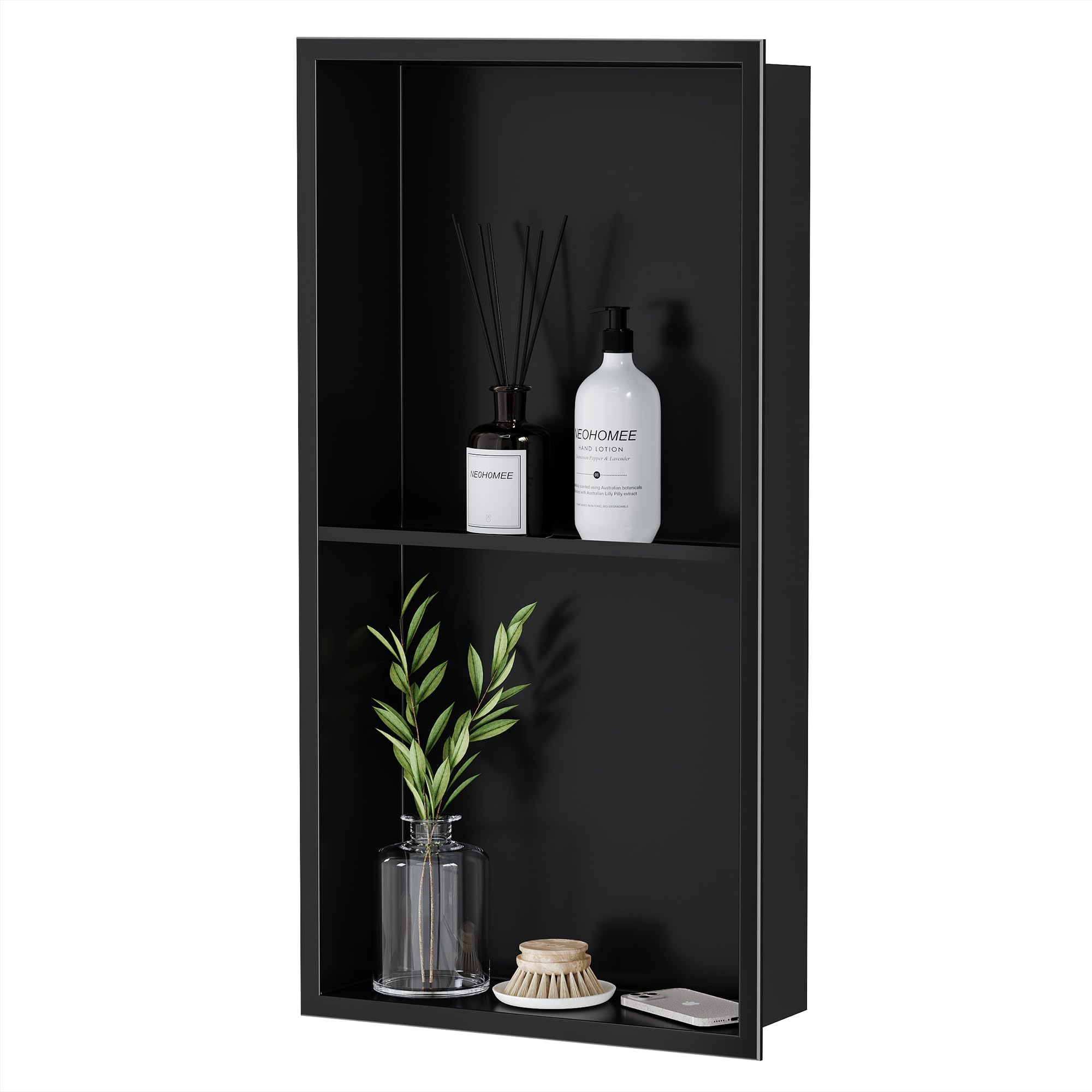 Neodrain No Tile Shower Niche, Stainless Steel Wall Niche 13.1"X25.1"(Inner Size 12"X24"), Two-Tier Bathroom Shelf, NO Tile Needed Recessed Niche Shower for Bathroom Storage, Matte Black