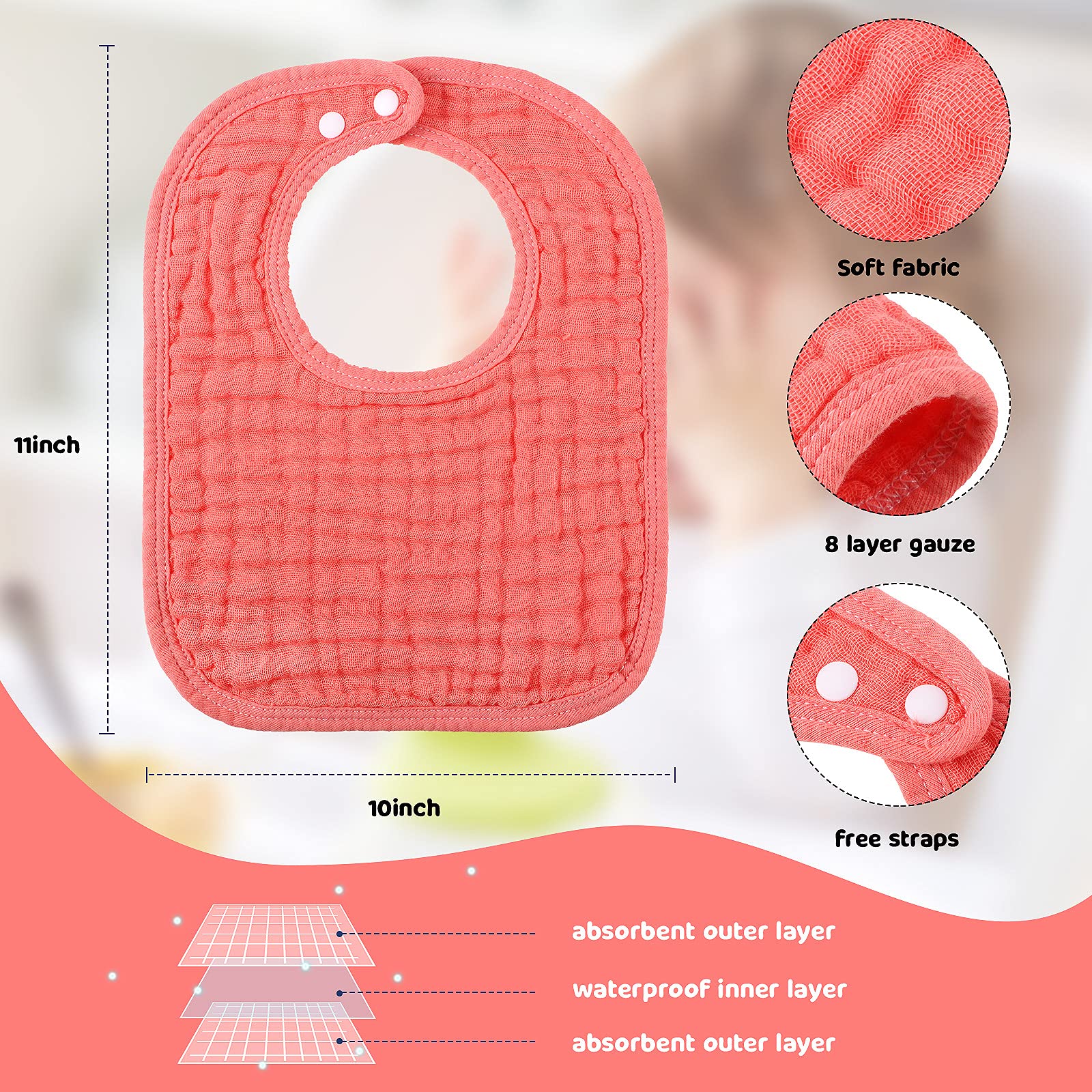 Tatuo 8 Pieces Baby Muslin Bibs & Burp Cloths, 20 x 10 Inch (Simple Color)