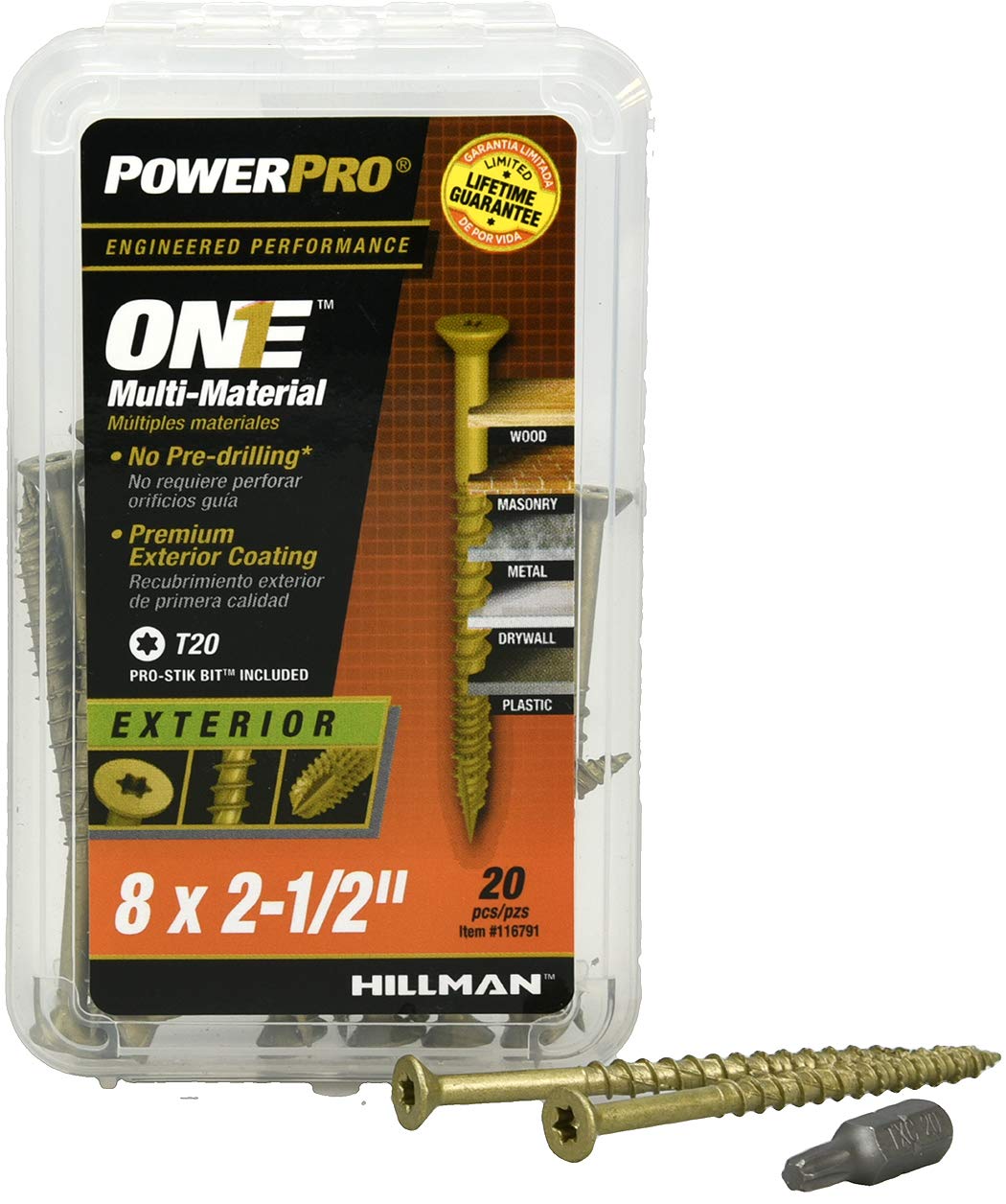 Power Pro Premium One Multi-Material Flat Head Screws, Epoxy Coated Steel, Fasten in Wood, Metal, Concrete, Drywall and Plastic, Bronze, #8 x 2-½ inches, Box of 20 Screws