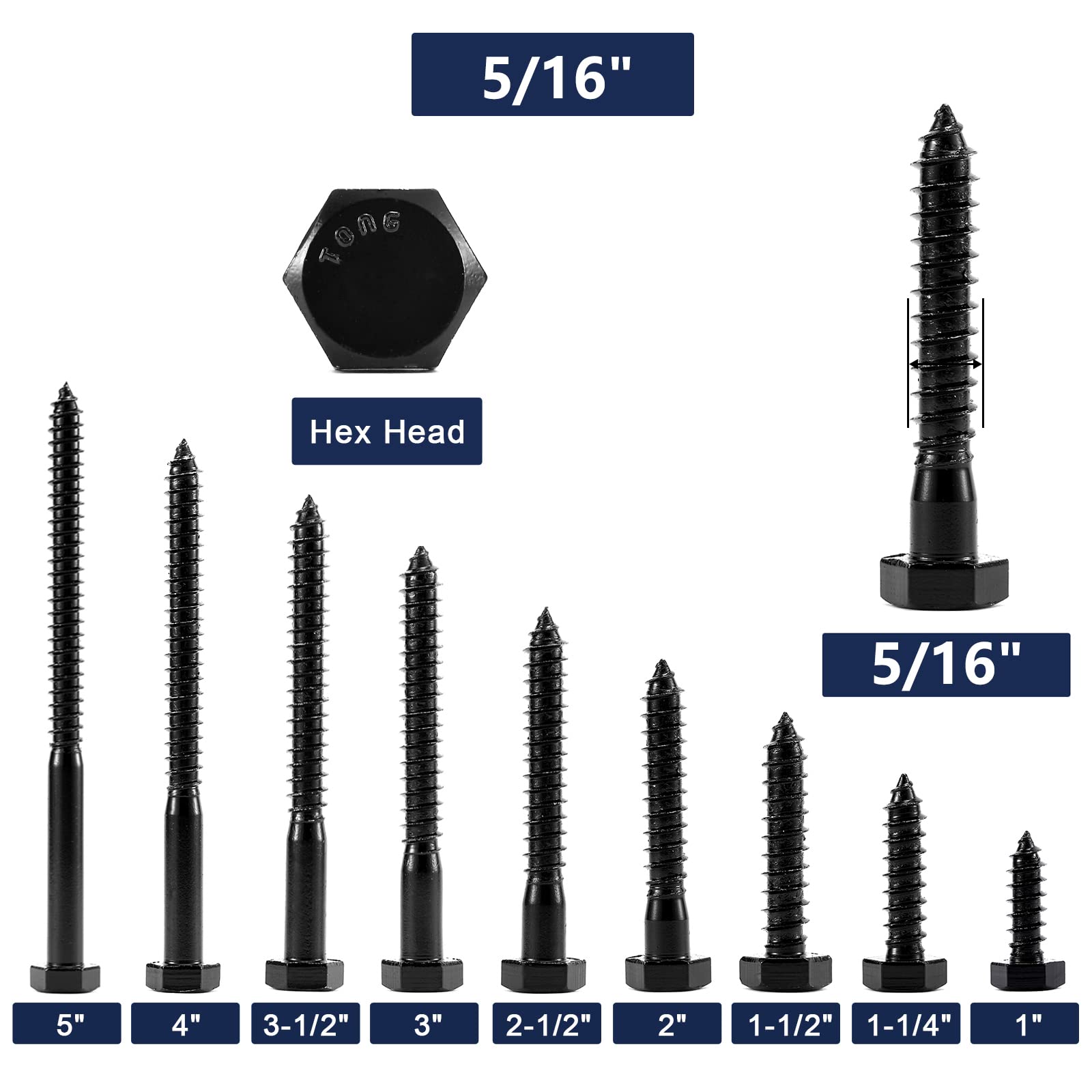 5/16" x 1-1/4" Hex Head Lag Screws Bolts 20Pcs 304 Stainless Steel 18-8, Partial Thread, Hexagon Head Wood Screws by Black Oxide by SG TZH
