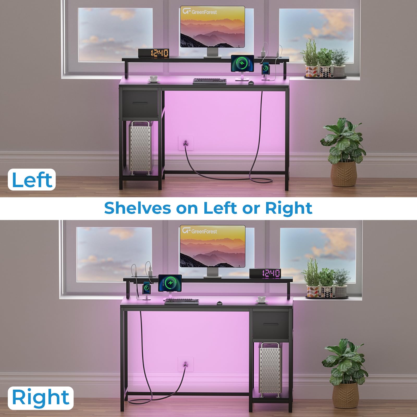 GreenForest Gaming Desk 47 Inch with LED Lights and Monitor Stand, Computer Desk with Drawer for Small Spaces, Office Desk with Power Outlets and Shelf, Black