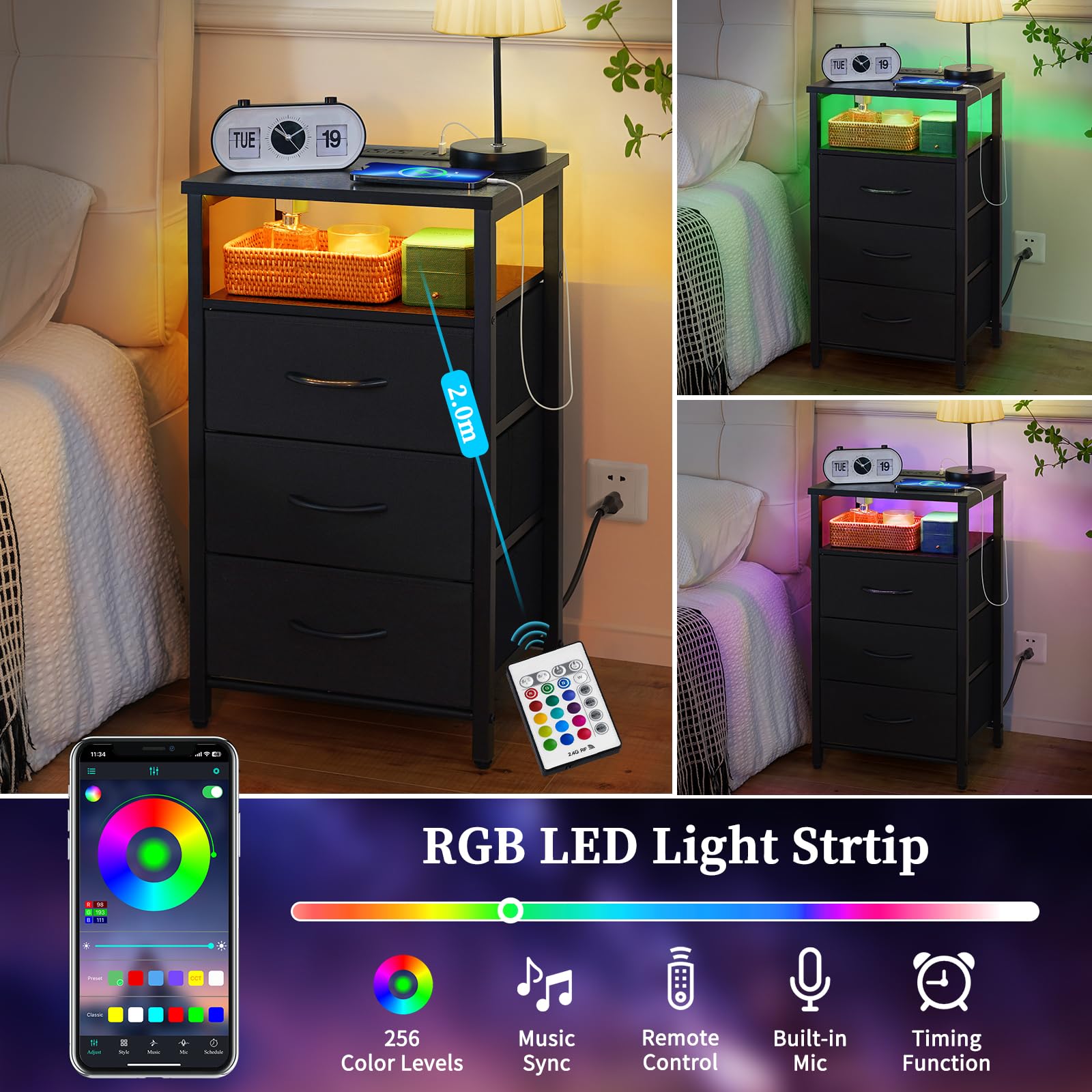 Yoobure Night Stand with Charging Station, 16 Colors LED Nightstand with USB Ports and Outlets, End Table with 3 Fabric Drawers and Storage Shelf, Bedside Tables Small Dresser for Small Space Black