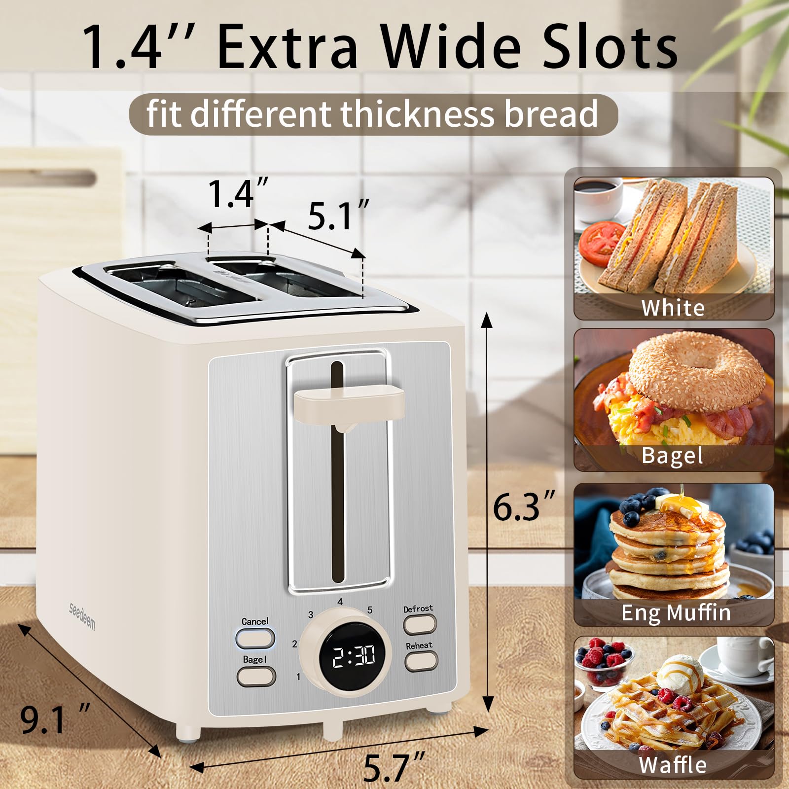 SEEDEEM Toaster 2 Slice, Bread Toaster with LCD Display, 7 Shade Settings, 1.4'' Extra Wide Slots Toaster with Cancel, Bagel, Defrost, Reheat Functions, Removable Crumb Tray, 900W, Cream White