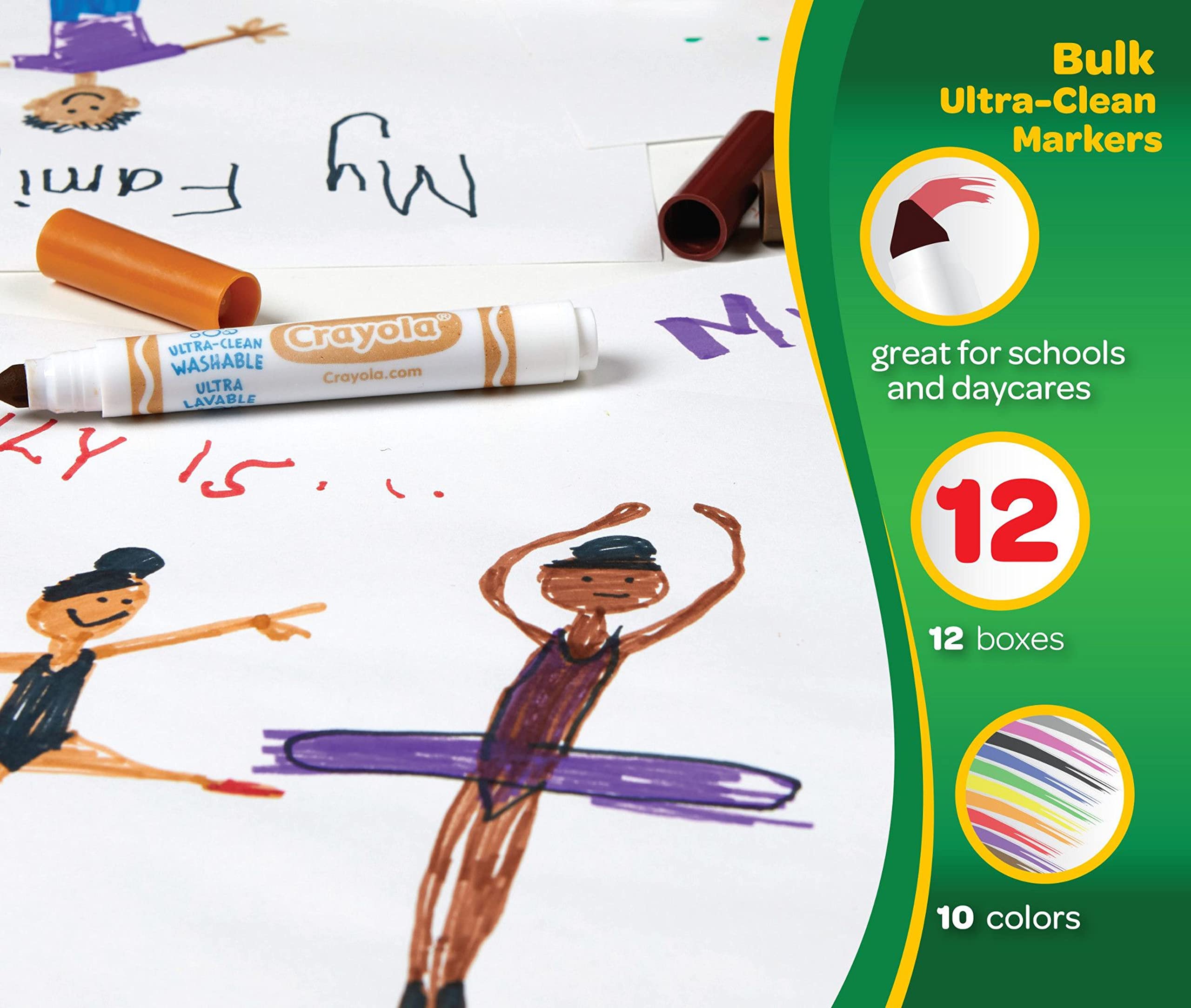 Crayola Ultra Clean Washable Markers (12 Pack), Bulk Markers for Kids, 10 Broad Line Markers, Back to School Classroom Supplies for Kids, Ages 4+