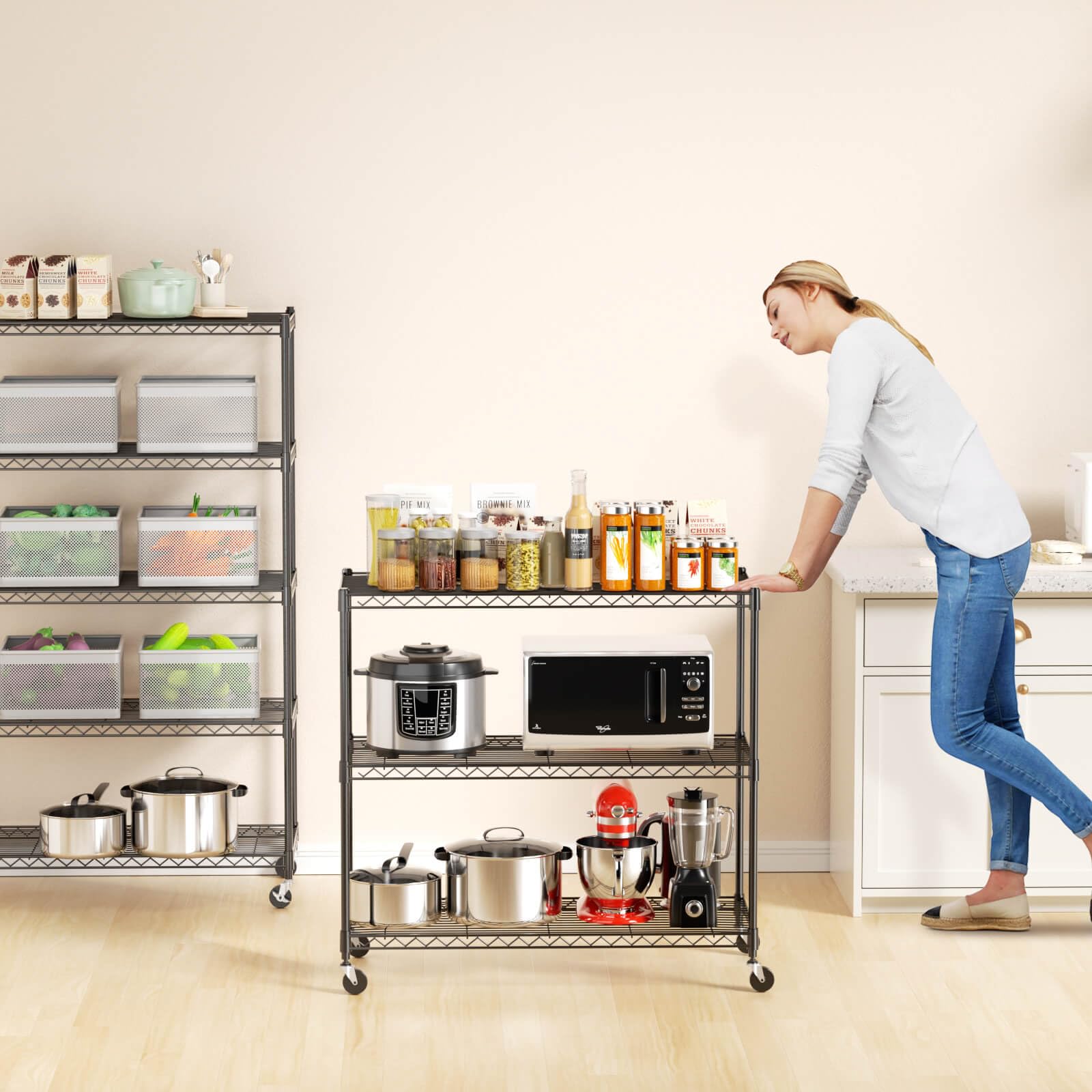 LaCyan 3-Tier Adjustable Storage Shelving Unit, Heavy Duty Steel Wire Rack with Wheels and Adjustable Feet for Pantry, Garage, Bakers Rack Kitchen Shelving (350 lbs/Shelf), Black