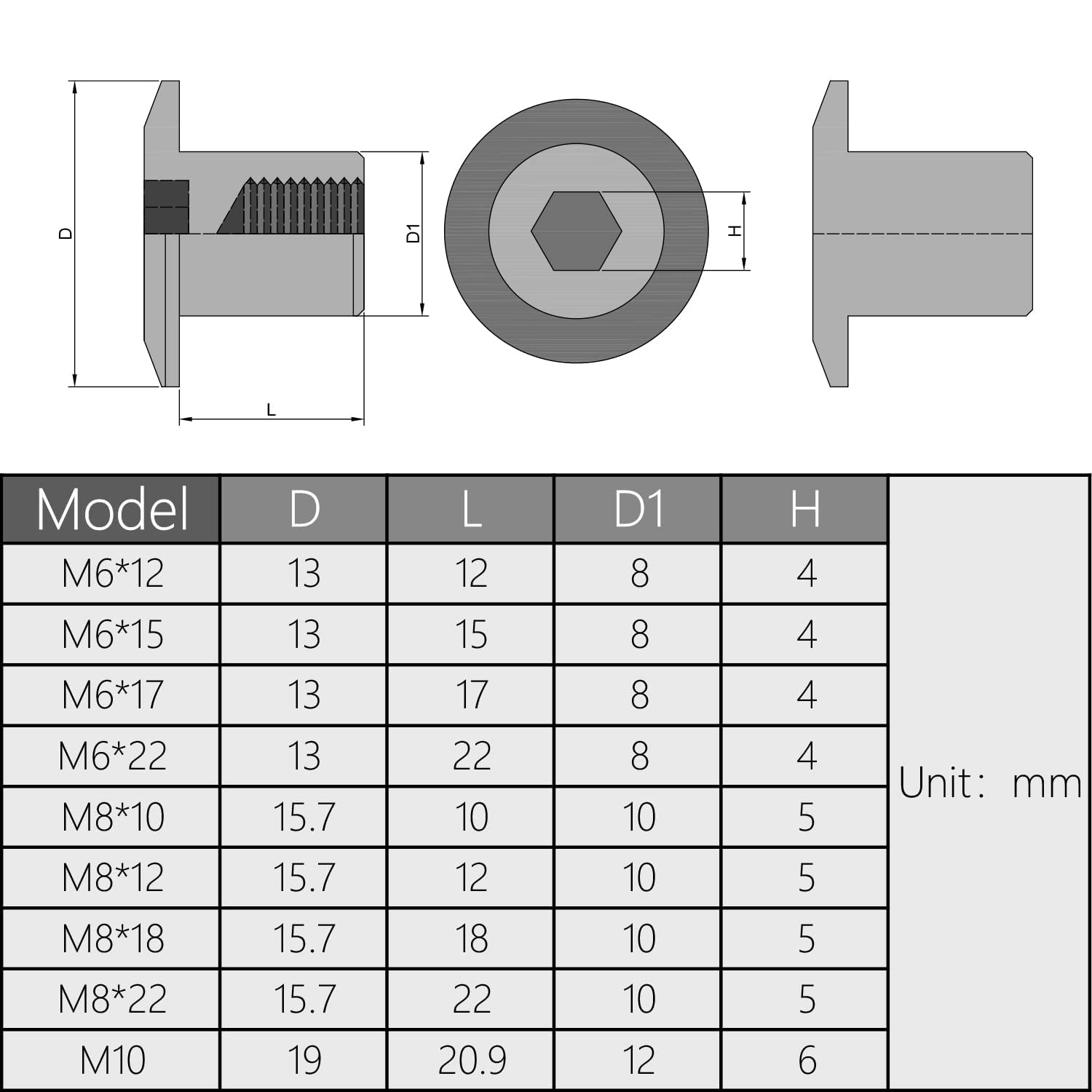 MroMax M10x21.5mm Nickel Plated Iron Insert Nut Rivet Hex Socket Head Nuts Screw Post Mounting for Furniture Installation Silver Tone 10Pcs