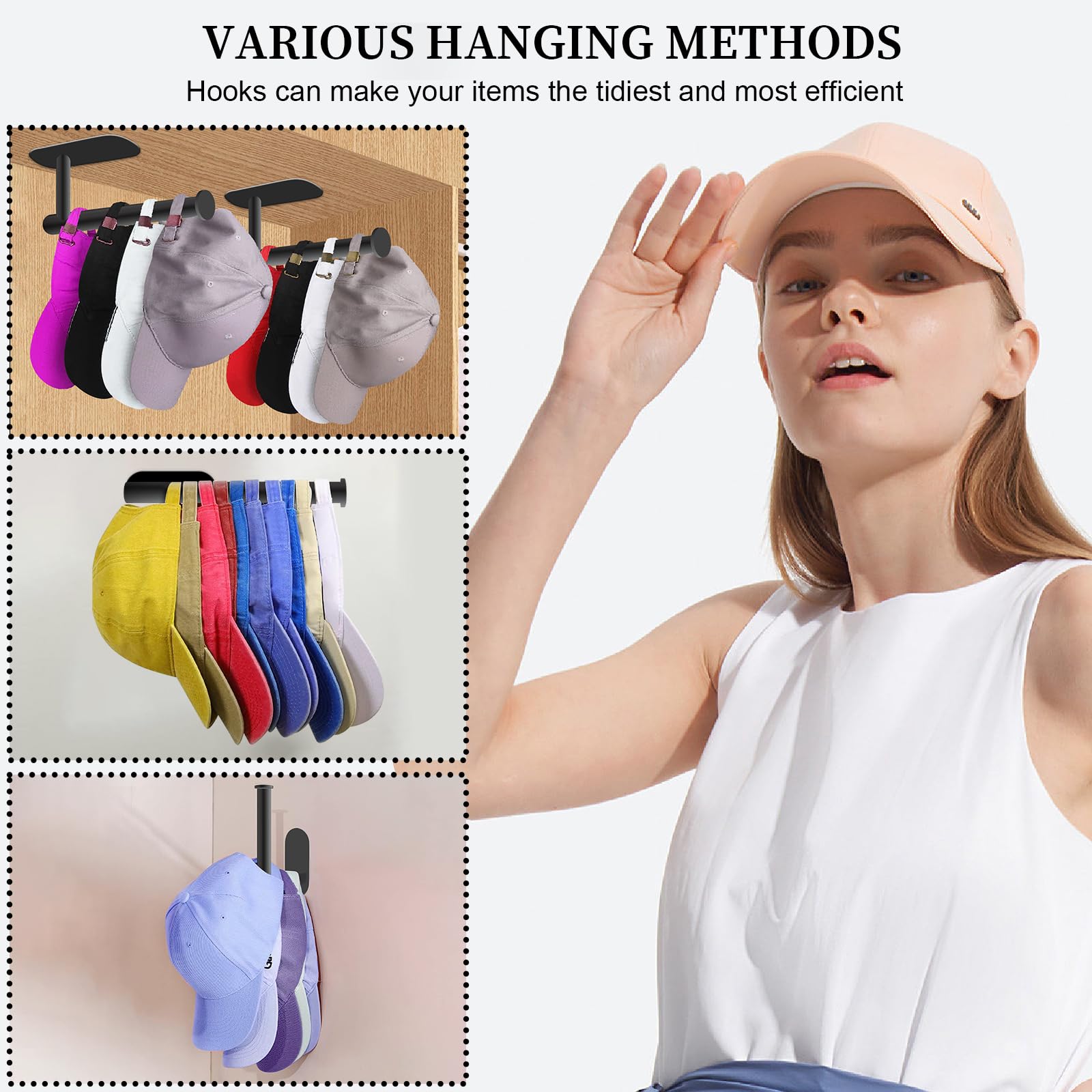 Eiito Stainless Steel Hat Organizer 3Pack Hat Racks for Baseball Caps, Adhesive Hat Hooks for Wall,RV Organization and Storage Cap Hanger(Black)