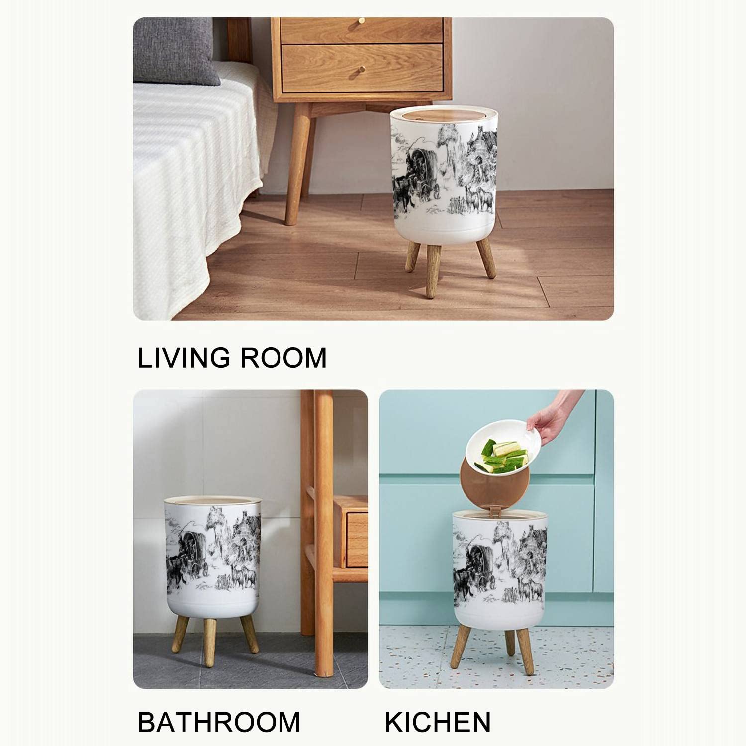 IBPNKFAZ89 Small Trash Can with Lid Vintage Western Ranch Seamless American Wild west Garbage Bin Wood Waste Bin Press Cover Round Wastebasket for Bathroom Bedroom Kitchen 7L/1.8 Gallon
