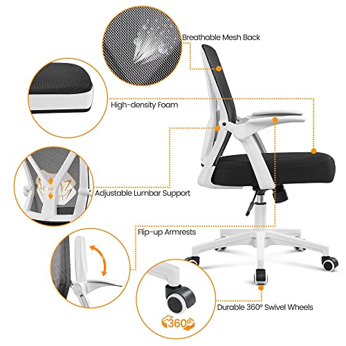 Topeakmart Office Chair Ergonomic Desk Chair with Adjustable Lumbar Support, Mid Back Mesh Computer Chair with Flip-up Armrests Task Chairs, Executive Chair for Home Office, White