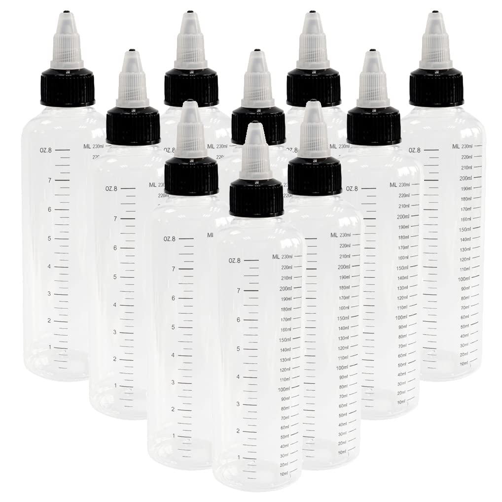 NANSHINE Graduated Bottles 10PCS 250ml(8.45oz) PET Plastic Pointed Bottles with Twist Top Cap Plastic Graduated PET Dropper Water Liquid Bottles