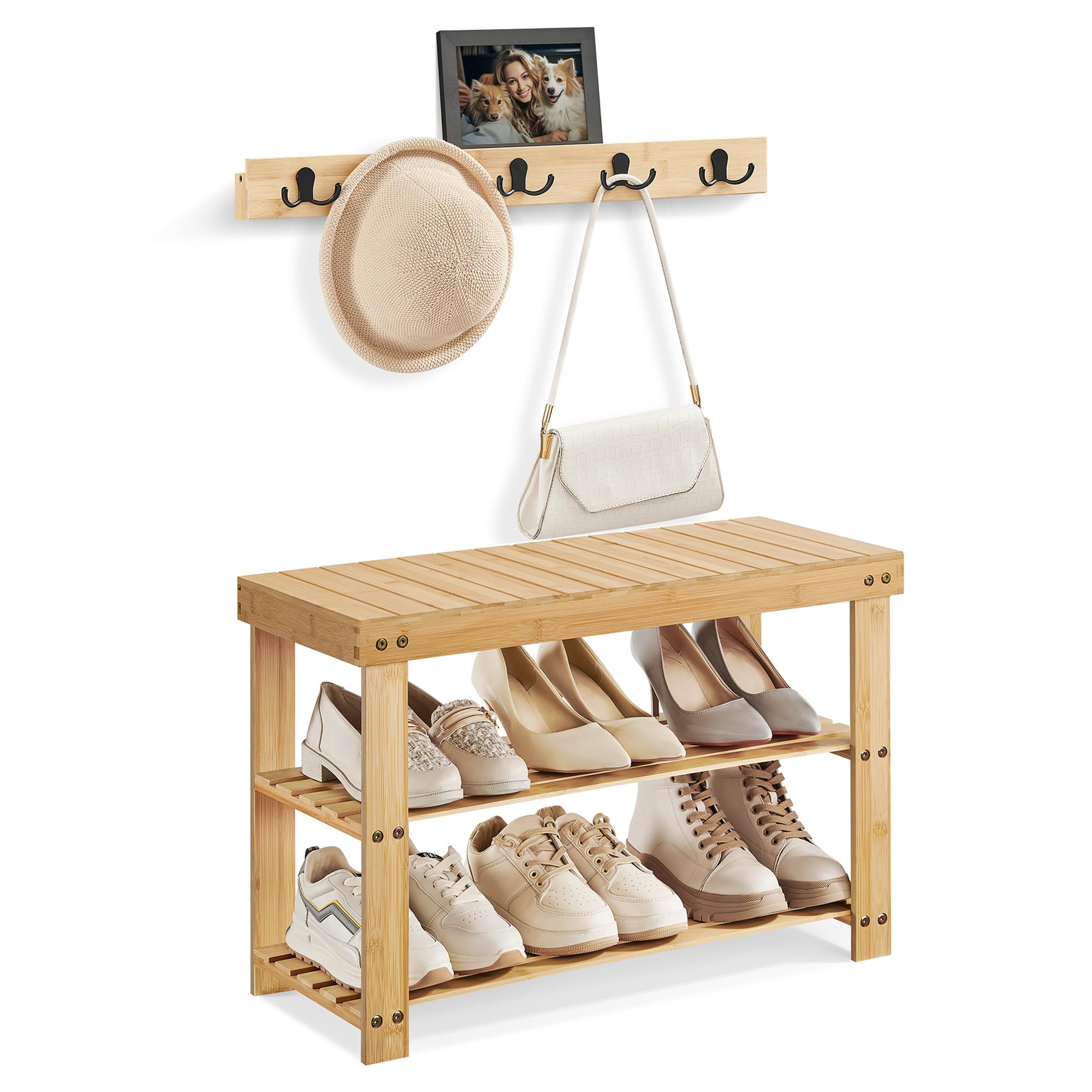SONGMICS Hall Tree with Bench, Coat Rack Shoe Bench Set, Entryway Furniture, Multifunctional, 5 Double Metal Hooks, 3-Tier Bamboo Shoe Rack, for Entryway, Hallway, Bedroom, Natural Beige ULCR004N01