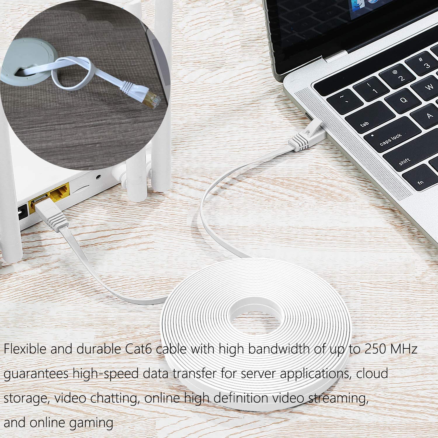 Flat Cat6 Ethernet Cable 200 Ft with Cable Clips, comtelek cat 6 Ethernet Rj45 Patch Cable, Slim Network Cable, Thin Internet Computer Cable - 200 Feet White(60 Meters)…