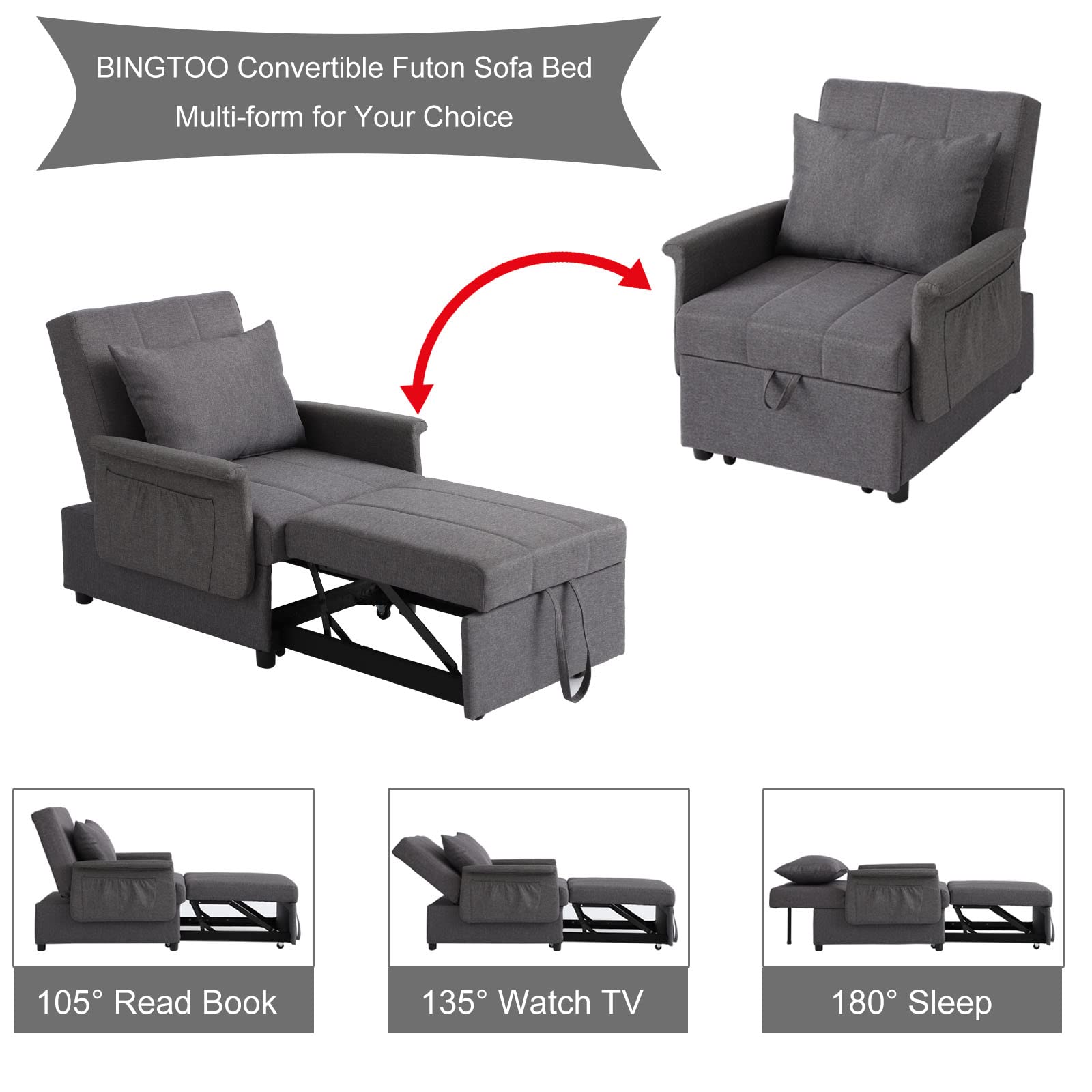BINGTOO 2 Pcs Convertible Chair 3 in 1 Multi-Function Folding Ottoman Sofa Sleeper Bed, Pull Out Sleeper Chair Bed- Modern Convertible Chair Bed Adjustable Backrest Sleeper Couch Bed for Living Room……