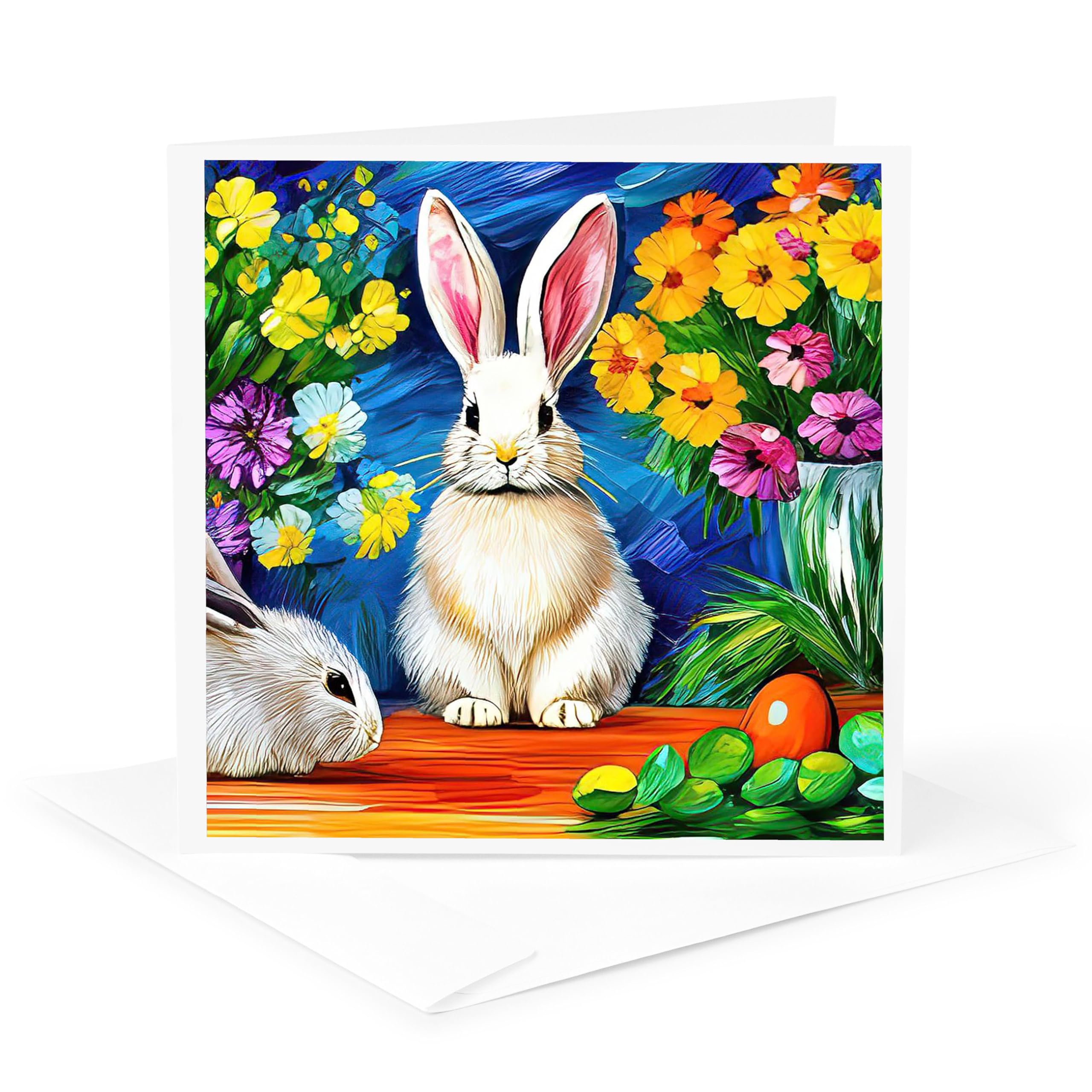 3dRose Greeting Card - Two white Easter bunnies and spring flowers. Positive gift or charm - Alexis Design - Holidays Easter