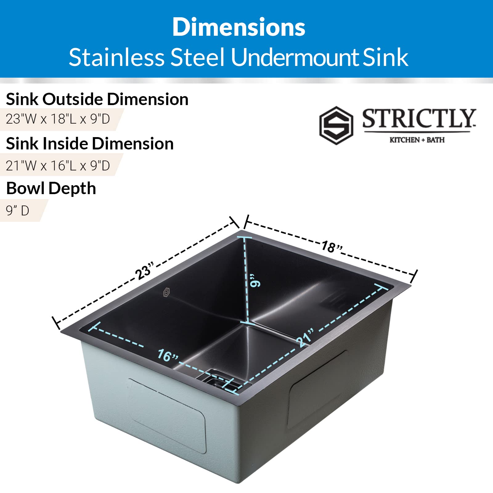 Strictly Sinks 23 Inch Undermount Kitchen Sink β Black Single Bowl 16 Gauge Stainless Steel Bar Prep Kitchen Sink Stain Resistant β With 1 Square Disposal Adapter, 1 Strainer Drain & Bottom Grid