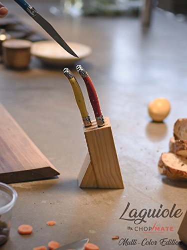 Chopmate - Laguiole Style - Stainless Steel Premium Steak Knife Set - Vibrant Multi Color Edition - 6 Piece Set + Bonus Wood Storage Display Block