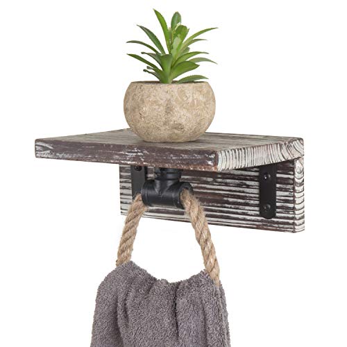 MyGift Industrial Pipe and Rustic Rope Bathroom Towel Ring Holder/Decorative Hand Towel Wall Mounted Rack with Torched Wood Shelf