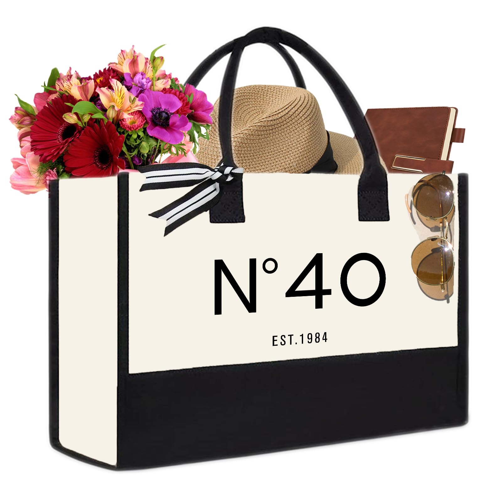 QLSKO 40th Birthday Gift Canvas Tote Bag for Women,N°40 EST.1984 Keepsake Beach Bag 40 Party Birthday Present supplies for Her (40th Basic)