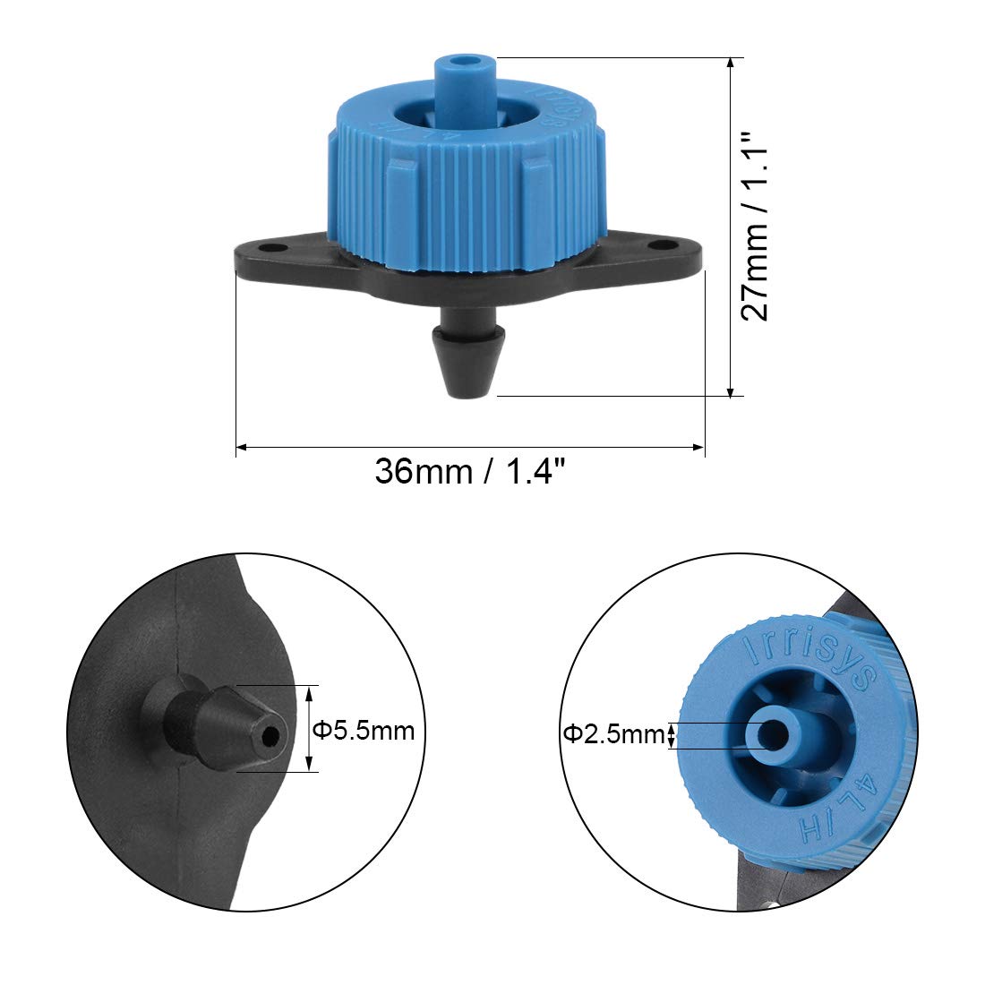 uxcell Pressure Compensating Dripper 1 GPH 4L/H Emitter for Garden Lawn Drip Irrigation with Barbed Hose Connector, Plastic Black Blue 50pcs