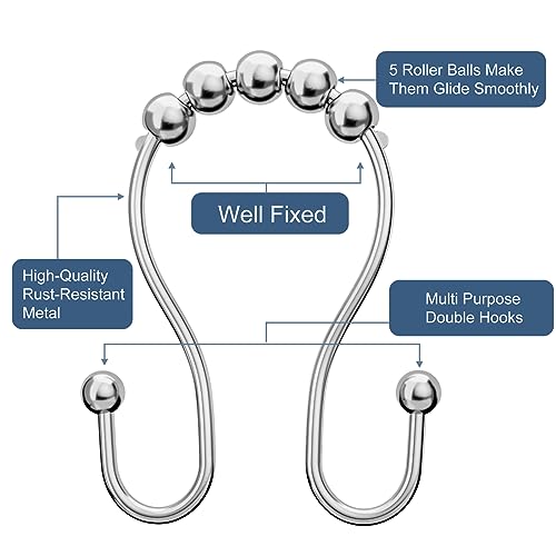 BBLHOME Shower Curtain Hooks, Shower Curtain Rings Rust Proof Metal Smooth Glide Double Shower Curtain Hooks for Bathroom Shower Curtains Rod, Kitchen Utensils,Towels, Set of 12,Chrome