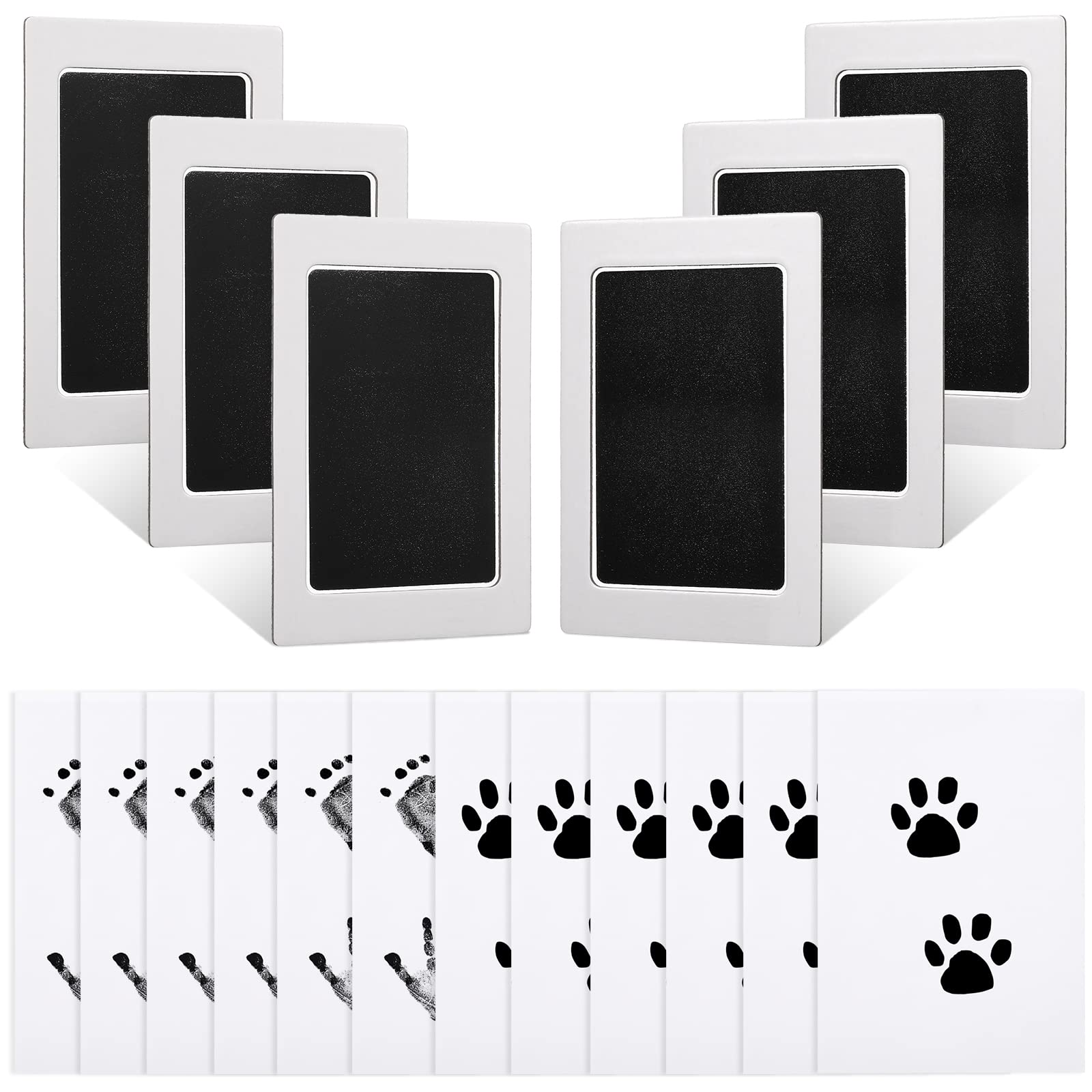 Outus Baby Inkless Handprint and Footprint Kit 6 Safe Hand and Foot Ink Pad Clean Touch Paw Print Stamp and 12 Card for Newborn Registry Family Keepsake Baby Shower Present, Black Color