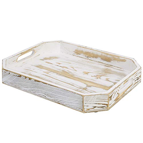 MyGift Shabby White Washed Solid Wood Large Serving Breakfast Tray with Cut-out Handles and Angled Edges, Decorative Ottoman Coffee Table Server Tray Platter, 16 x 12 inch