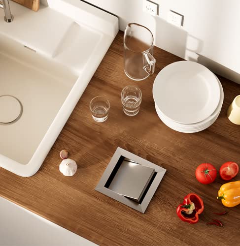 AEGIFT Trash Can Lid Square Trash Chute Built-in Countertop Trash Grommet Stainless Steel Swing Lid Waste Chute for Kitchen & Bathroom