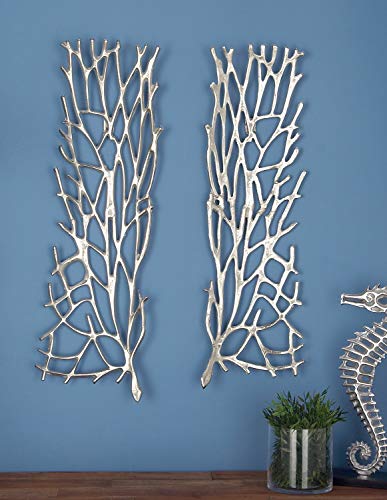 Deco 79 Aluminum Coral Inspired Wall Decor, Set of 2 10"W, 34"H, Silver