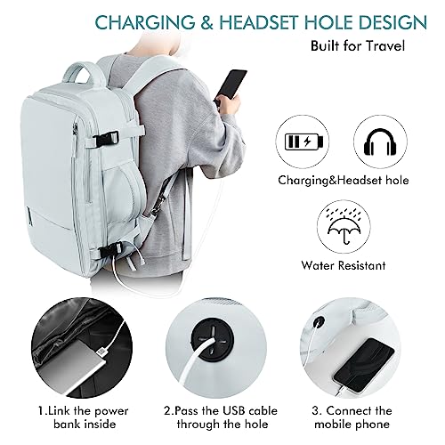 Beraliy Large Travel Backpack, Carry On Backpack, Women Airline Flight Approved luggage,17'' Laptop Backpack, 40L Outdoor Sports Business Hiking Overnight Backpack, Light-blue