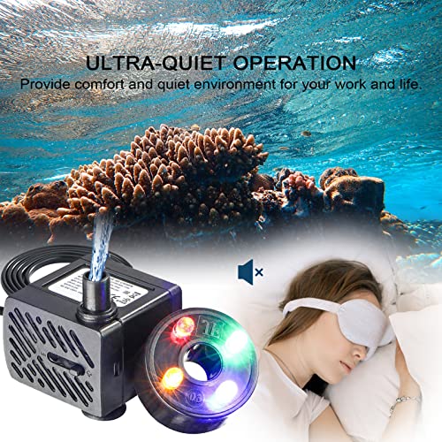 BCORLD Fountain Pump with LED Lights, Quiet Fountain Pump, Adjustable Water flow Fountain Pump,54GPH(200L/H,3W), Outdoor Pond, Aquarium fish tanks, Home Décor Fountain,1 Nozzles,Power Cord 5ft