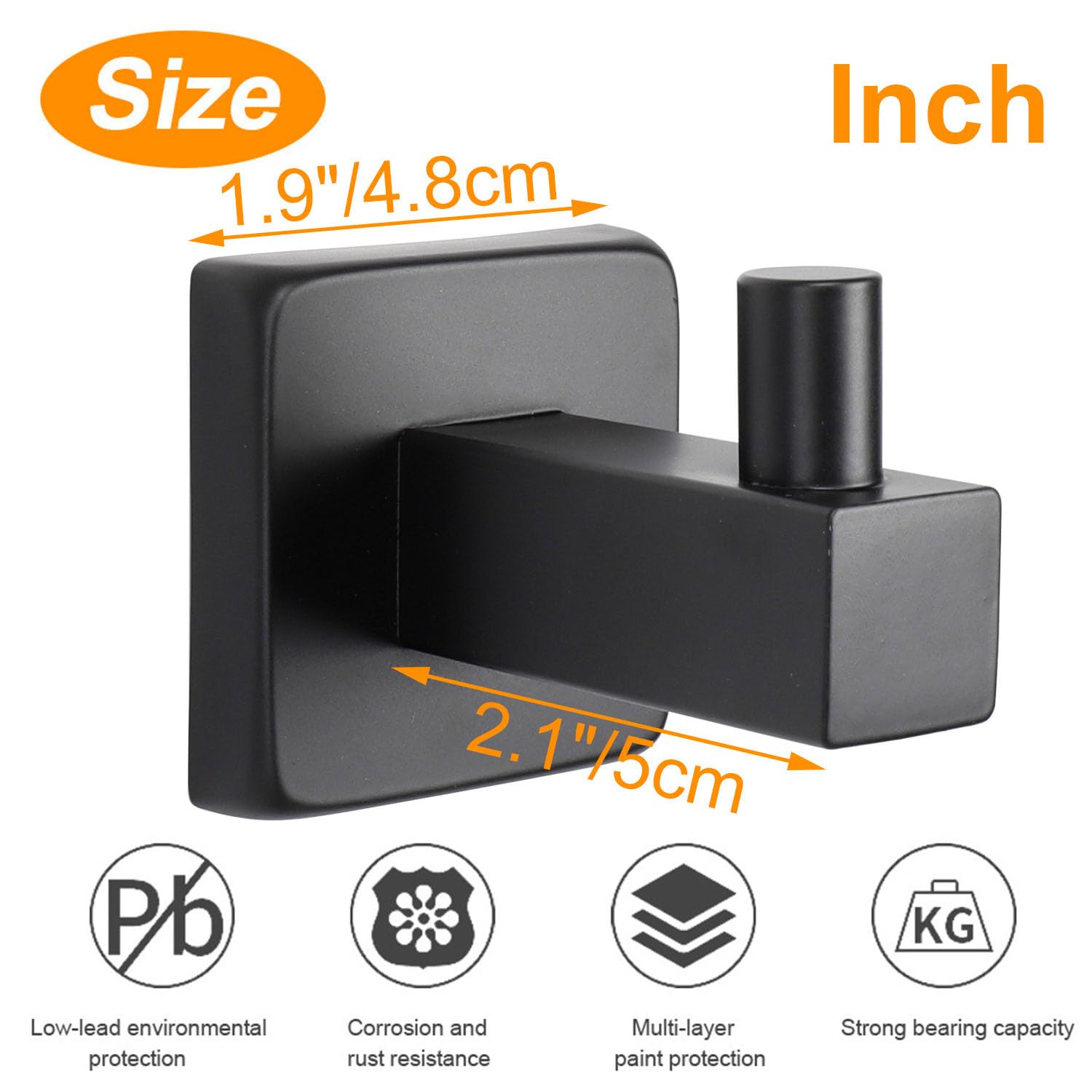 TocTen Bathroom Hook - 2 Pack Square Robe/Towel Hooks, 304 Stainless Steel Rustproof Coat Hook Wall Mounted, Heavy Duty Hanger Wall Hooks for Bathroom Kitchen Back Door Wardrobe(Matte Black)
