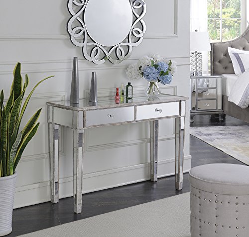 Convenience Concepts Gold Coast Mirrored Desk 42" - Console Table with 2 Drawers for Storage in Living Room, Office, Weathered White/Mirror
